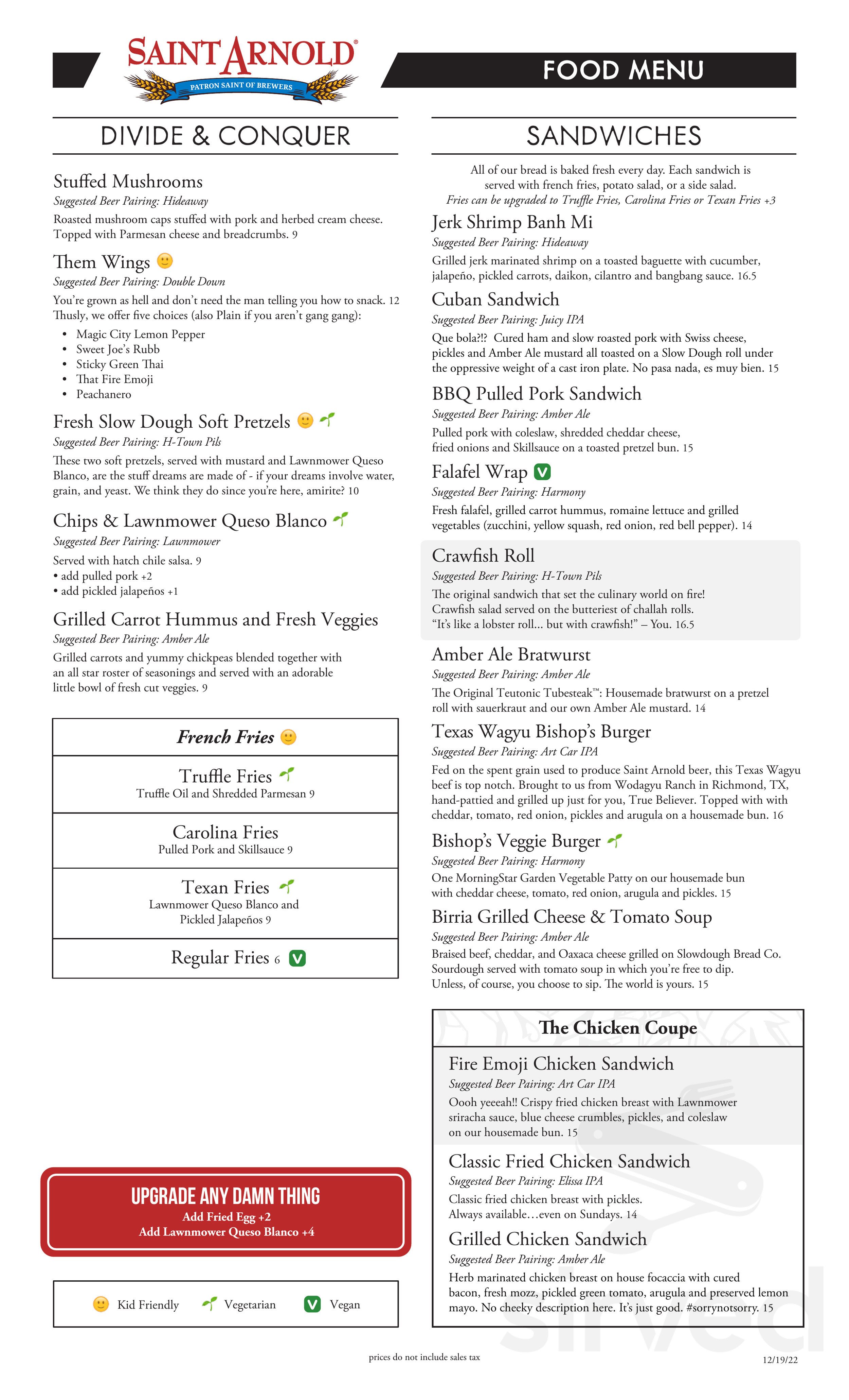 Saint Arnold Beer Garden menu in Houston, Texas, USA