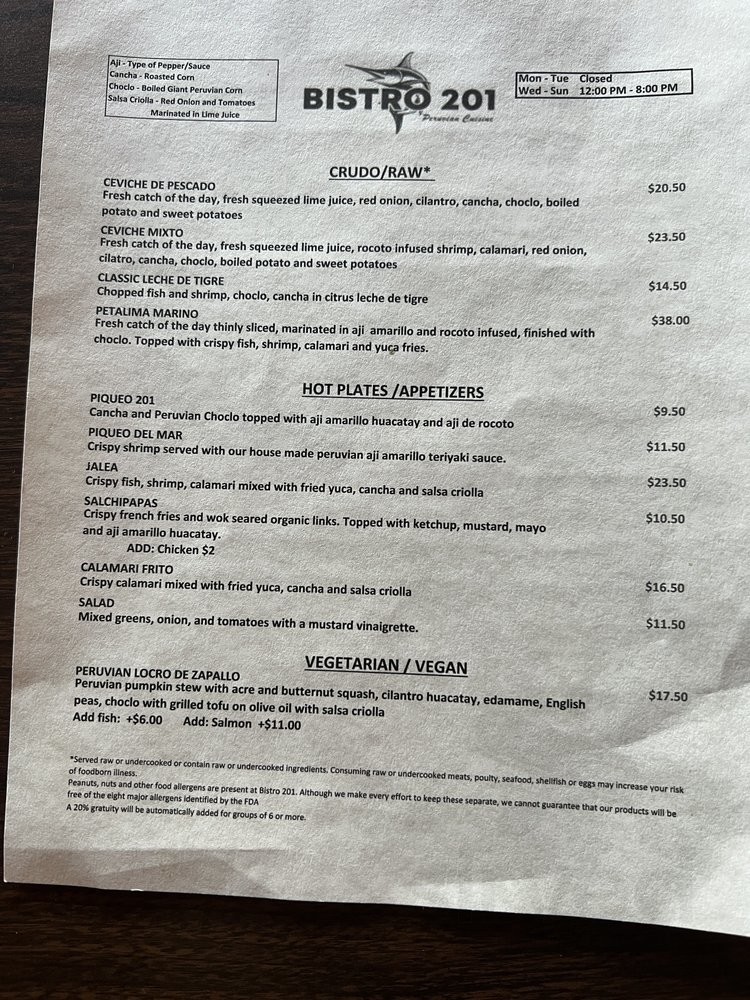 Menu - Petaluma CA's Bistro 201 Peruvian cuisine | Sirved