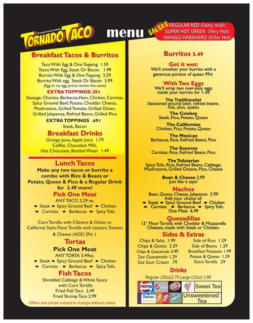 Tornado Taco menu in Missouri City, Texas, USA