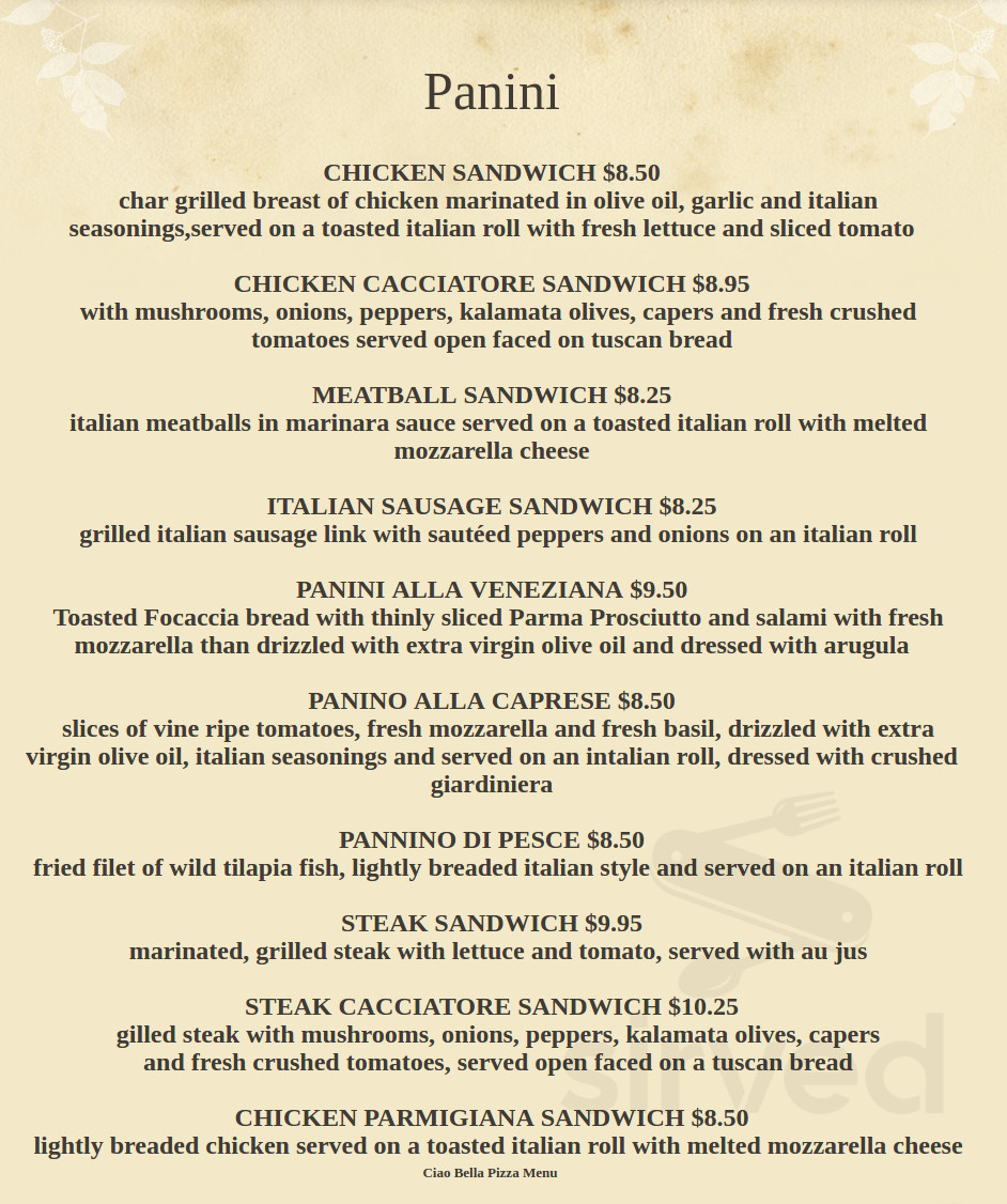 Ciao Bella Pizza/ Bella Blue Bar menu in Niceville, Florida, USA