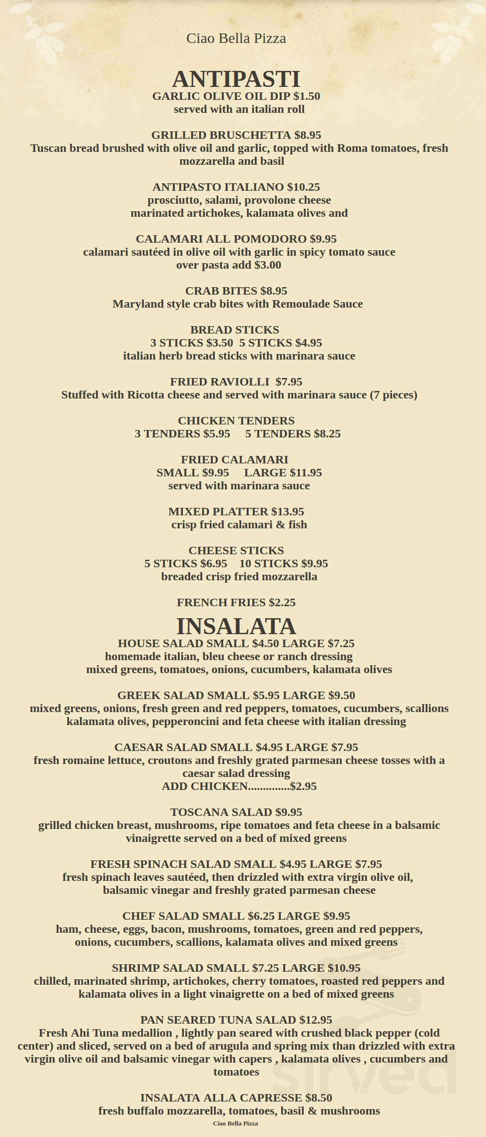 Ciao Bella Pizza/ Bella Blue Bar menu in Niceville, Florida, USA