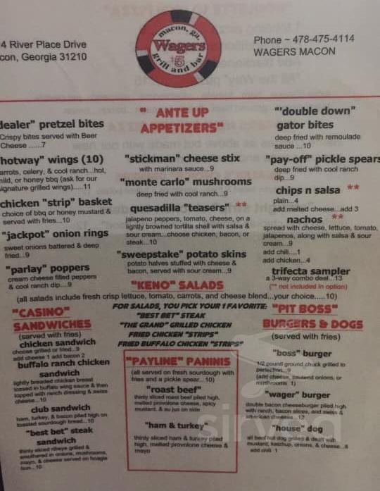 Wagers Grill and Bar menu in Macon, Georgia, USA