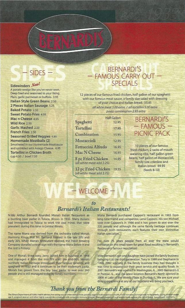 Bernardi's Restaurant menu in Washington, Illinois, USA