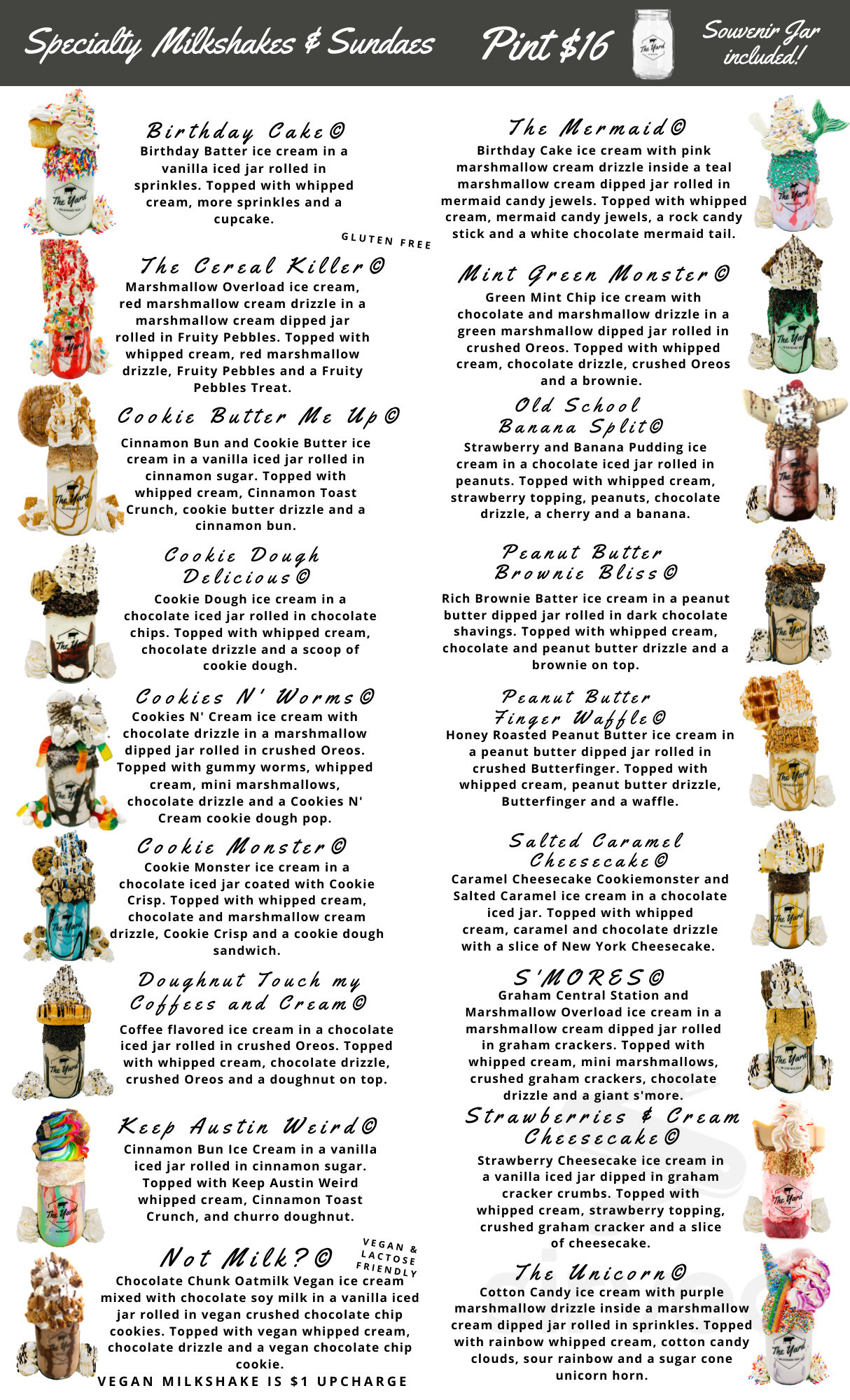 Menu - Georgetown TX's The Yard Milkshake Bar Of Georgetown | Sirved