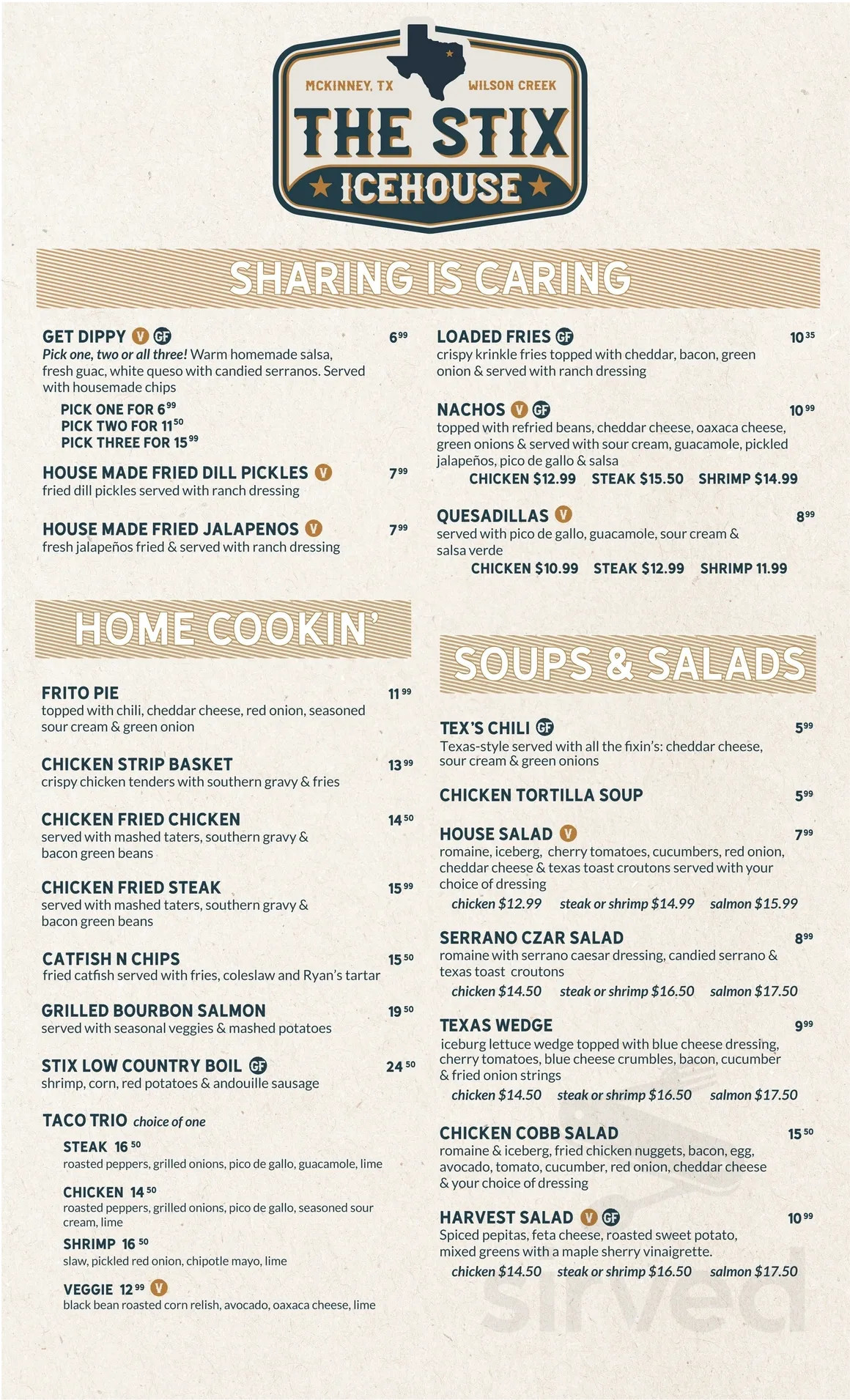 The Stix Icehouse menu in McKinney, Texas, USA