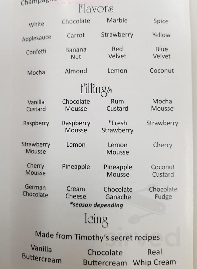 Menu - Woodland CA's Timothy's Bakery | Sirved