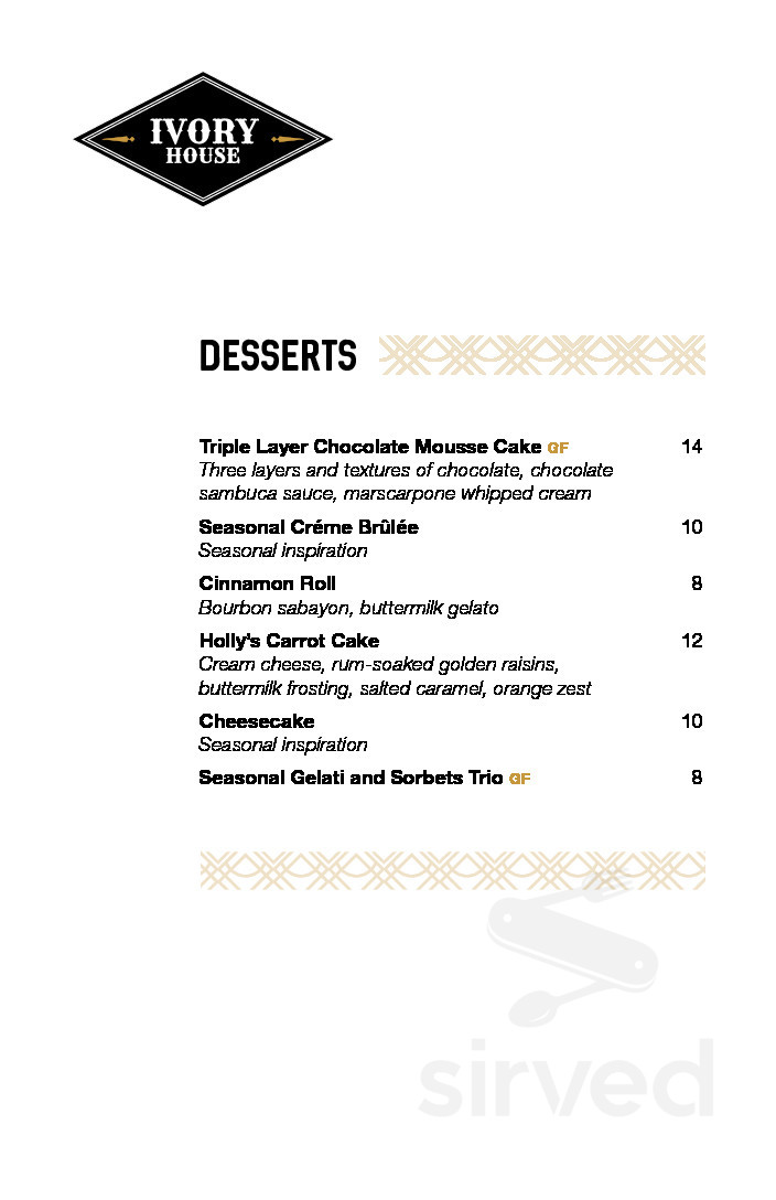 Ivory House menu in Cincinnati, Ohio, USA