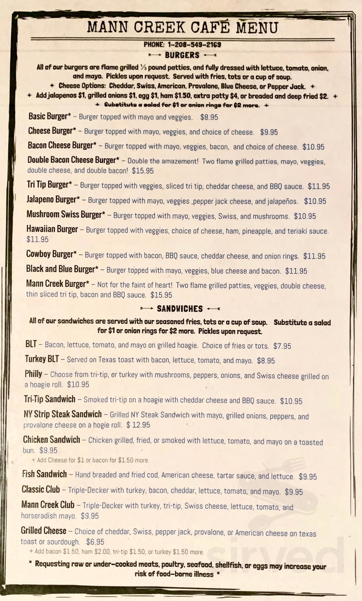 Menu - Weiser ID's Mann Creek Country Store & Café | Sirved