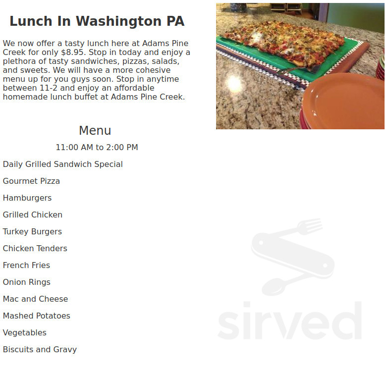 Menu - Washington PA's Adams Pine Creek Buffet | Sirved