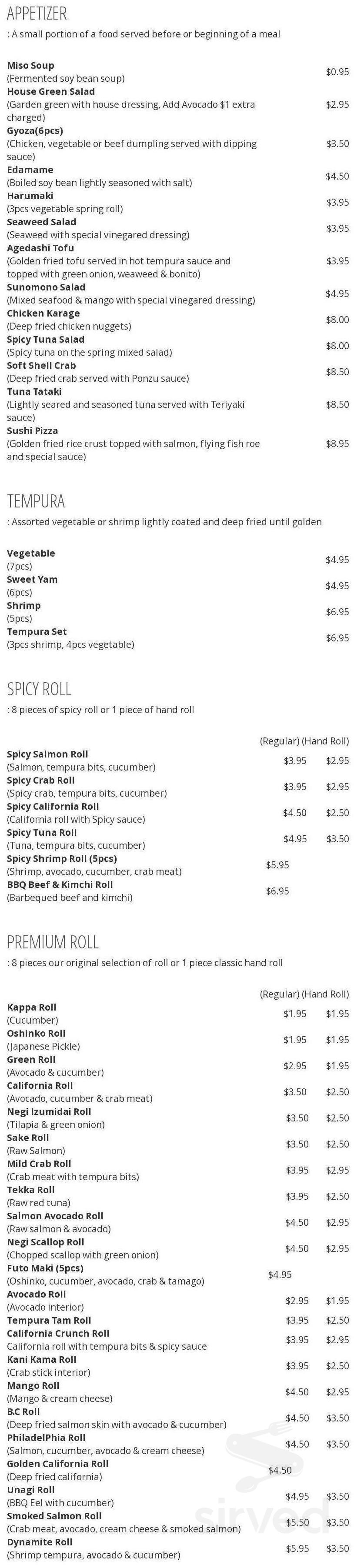 Sushi Zuki menu in York, Ontario, Canada