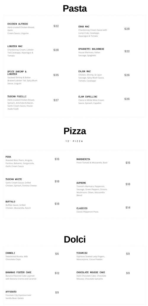 Trevioli Italian Kitchen at the Rapids menu in Columbus, Georgia, USA