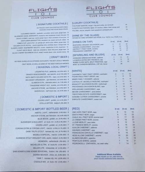 Flights 101 Club Lounge menu in Burlingame, California, USA