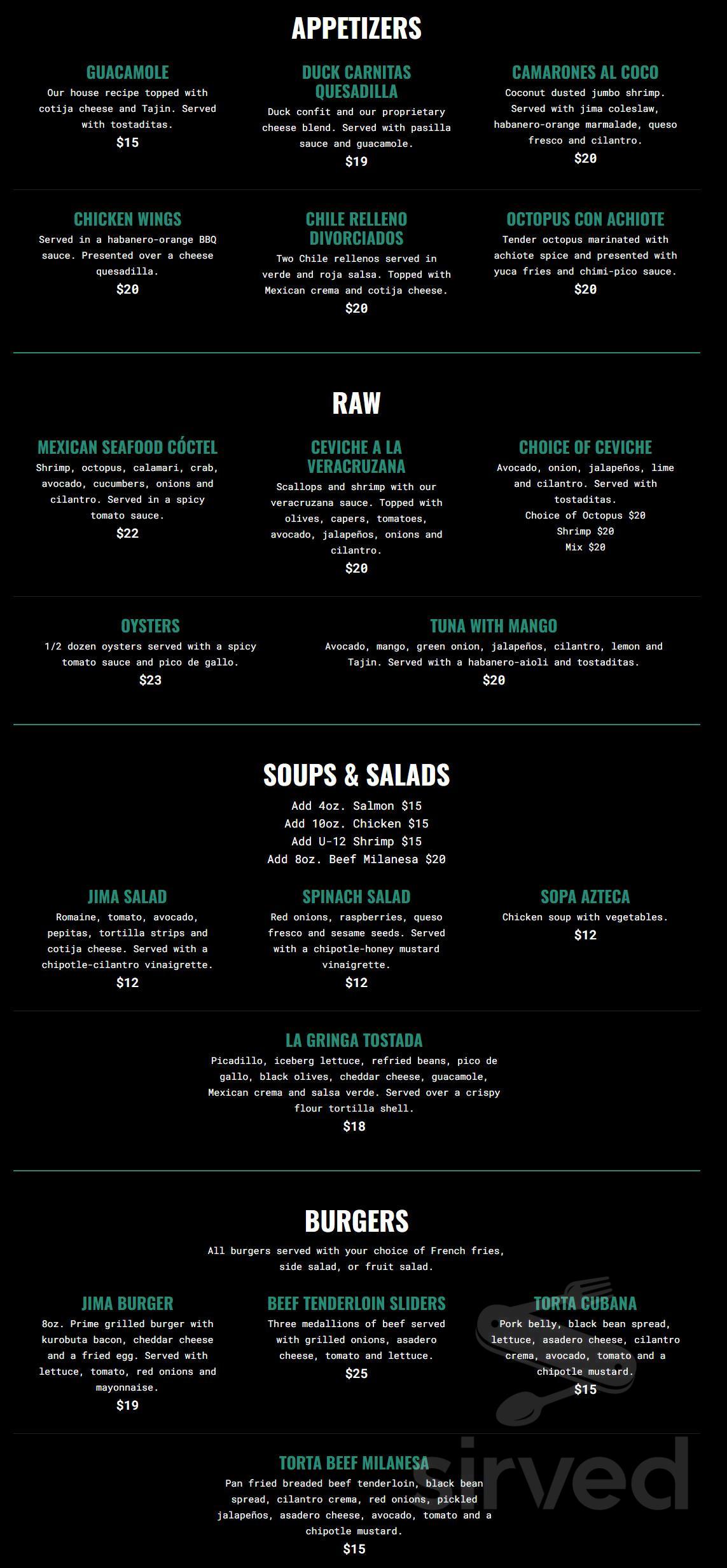 Coa de Jima menu in Boise, Idaho, USA