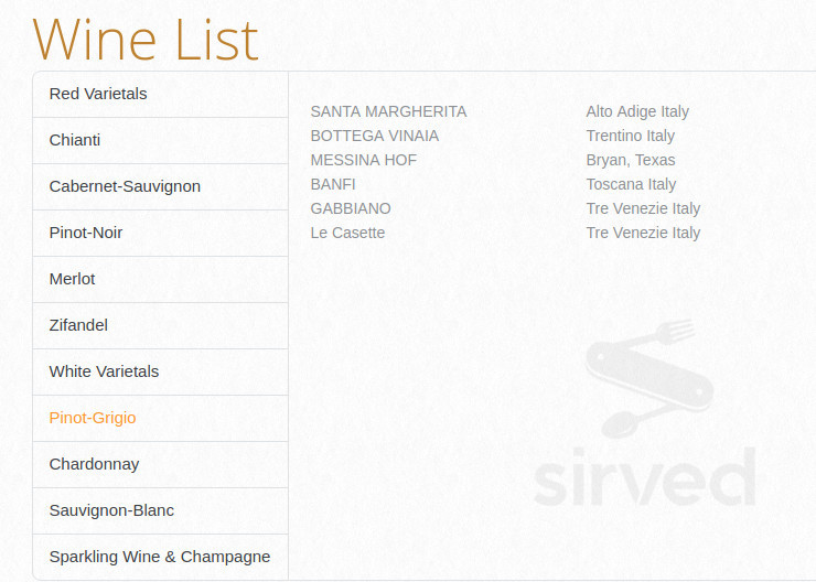 Volare Italian Restaurant menu in Brenham, Texas, USA