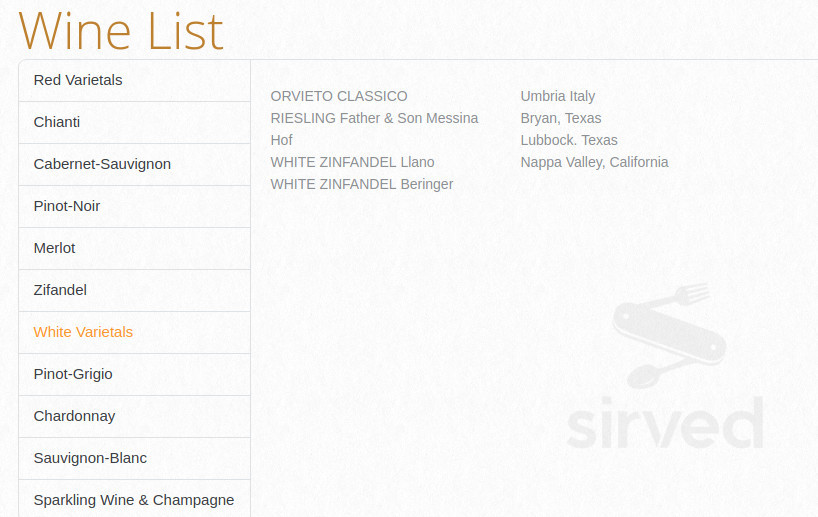 Volare Italian Restaurant menu in Brenham, Texas, USA