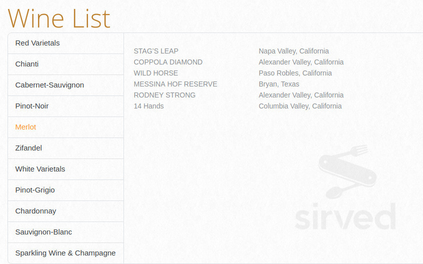 Volare Italian Restaurant menu in Brenham, Texas, USA