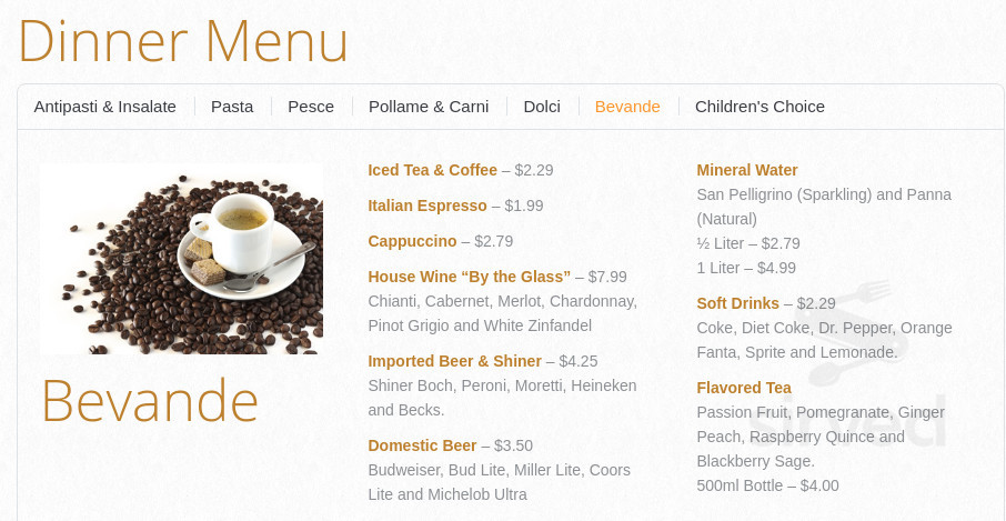 Volare Italian Restaurant menu in Brenham, Texas, USA