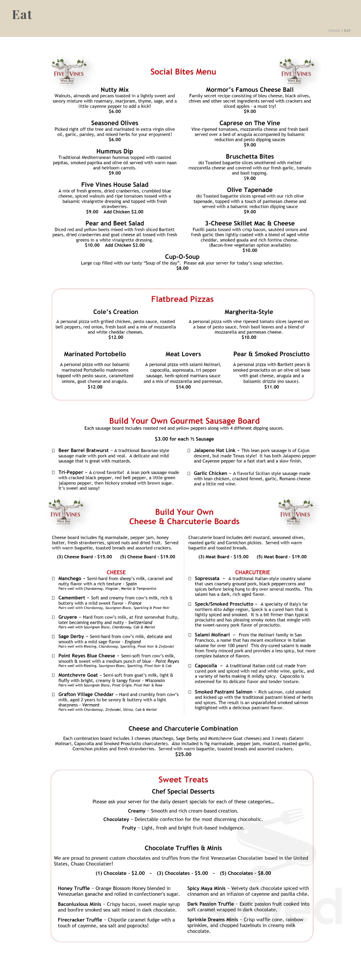 Menu for Five Vines Wine Bar in San Juan Capistrano, CA | Sirved