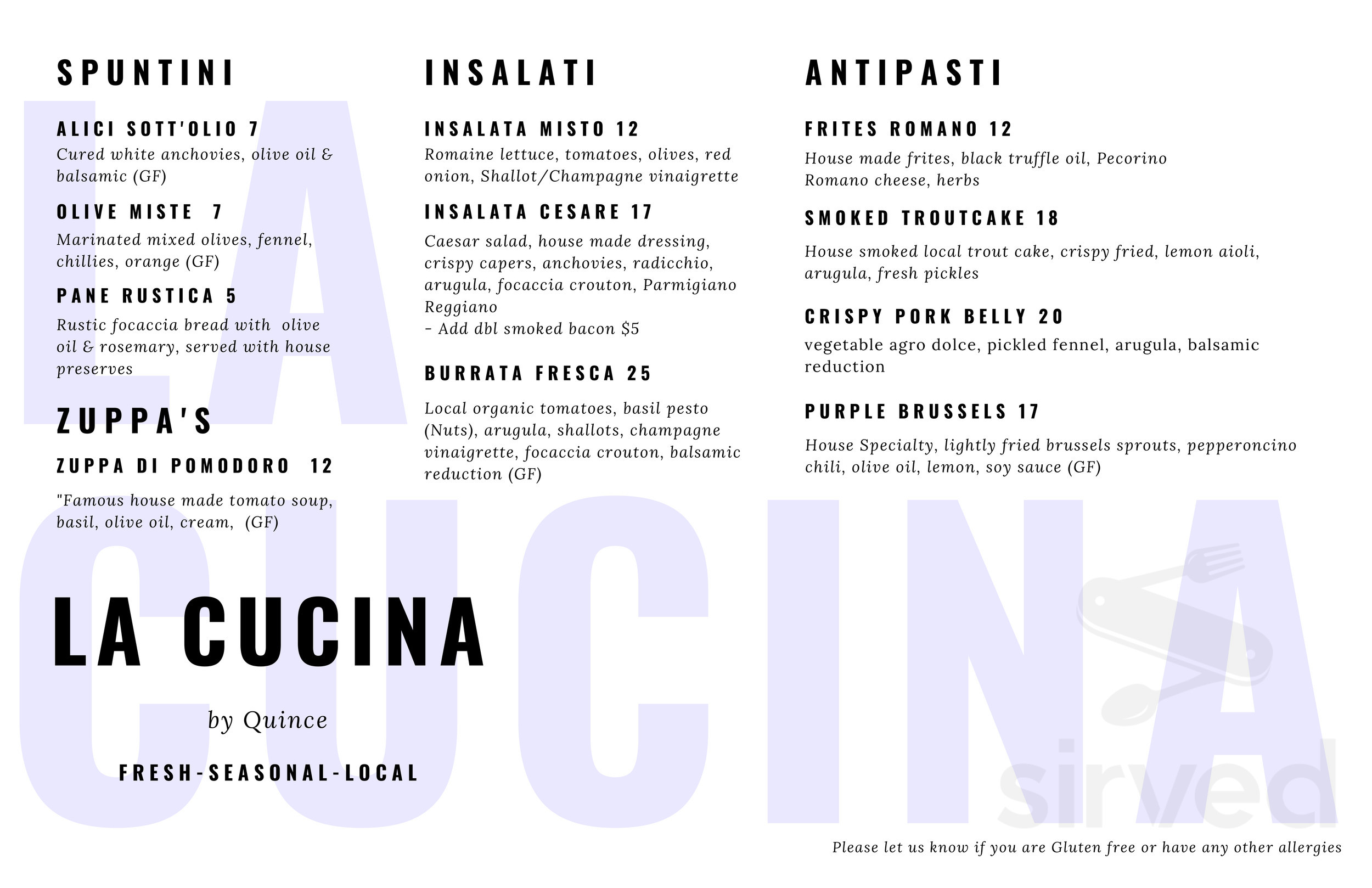 La Cucina by Quince menu in Creemore, Ontario, Canada