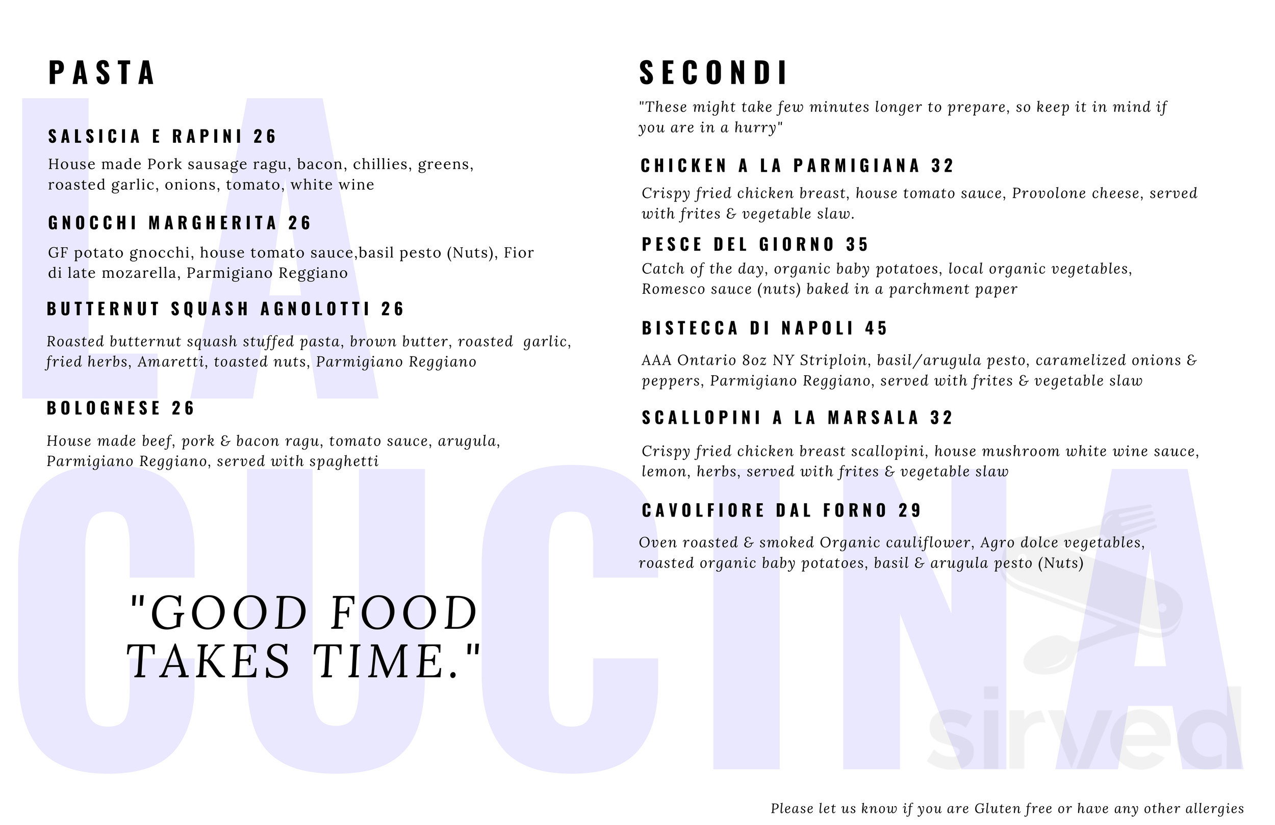 La Cucina by Quince menu in Creemore, Ontario, Canada
