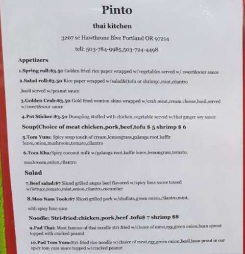 Pinto Thai Kitchen menu in Portland, Oregon, USA