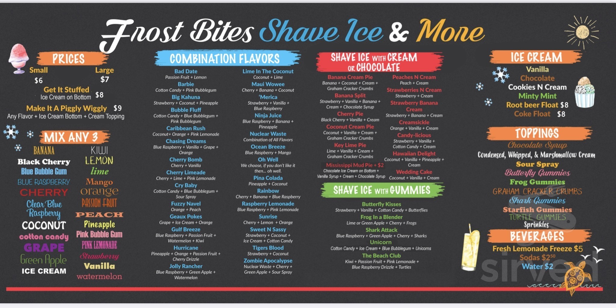 Frost Bites menu in Gulf Shores, Alabama, USA