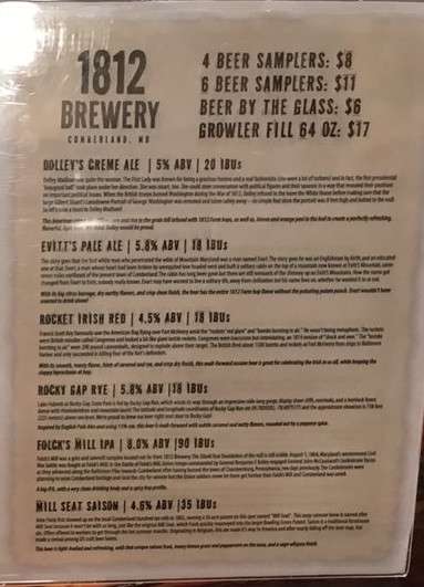 1812 Brewery menu in Cumberland, Maryland, USA