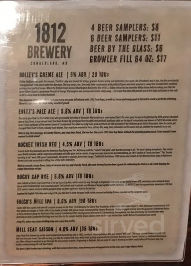 1812 Brewery menu in Cumberland, Maryland, USA