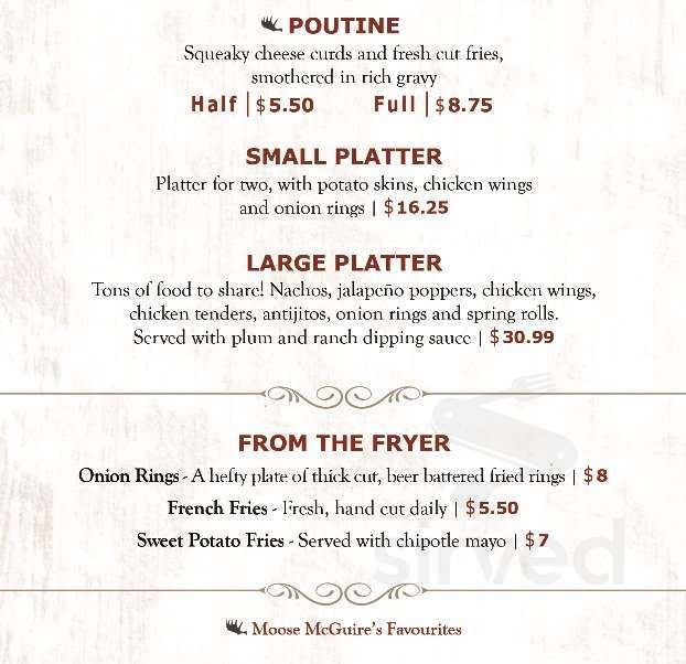 Menu - Ottawa ON's Moose McGuire's | Sirved