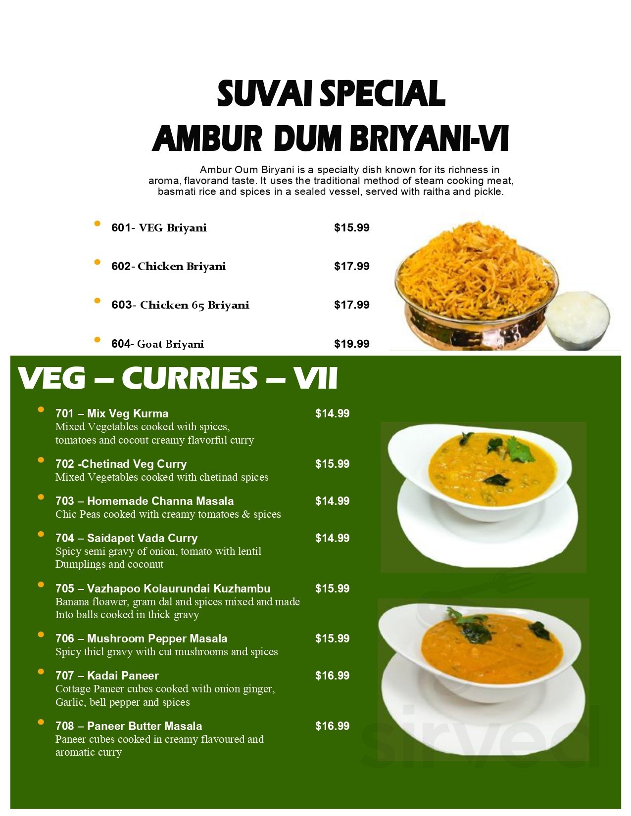 Suvai Dosa's menus in Edmonton, Alberta, Canada