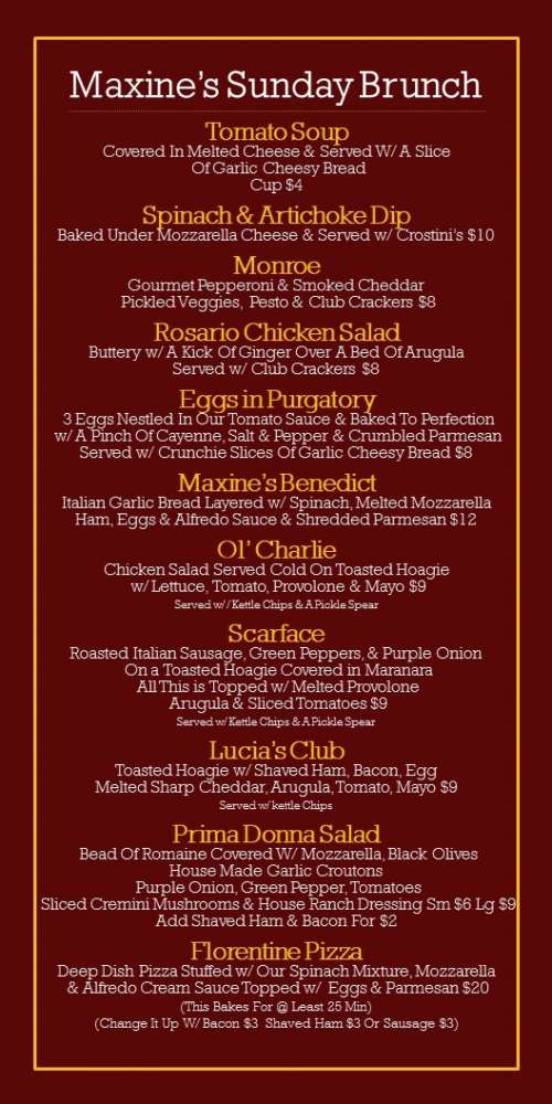 Maxine's Live menu in Hot Springs, Arkansas, USA