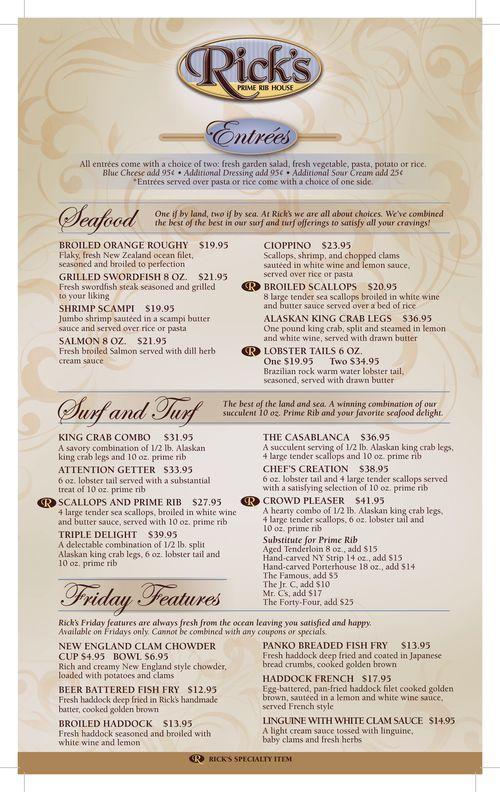 Rick's Prime Rib House menu in Rochester, New York, USA