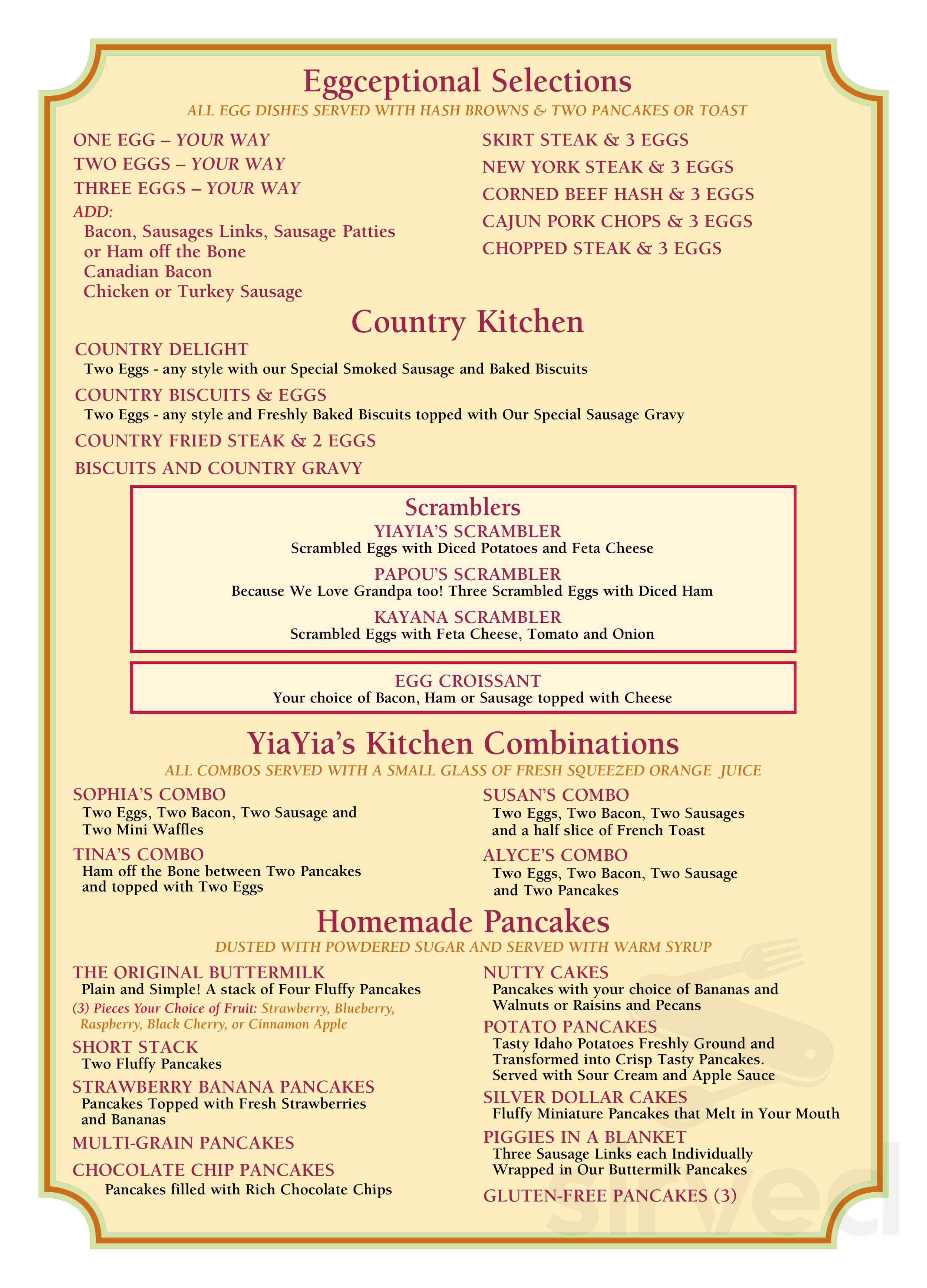 Menu for Yia Yia's Pancake House & Restaurant in North Riverside, IL ...