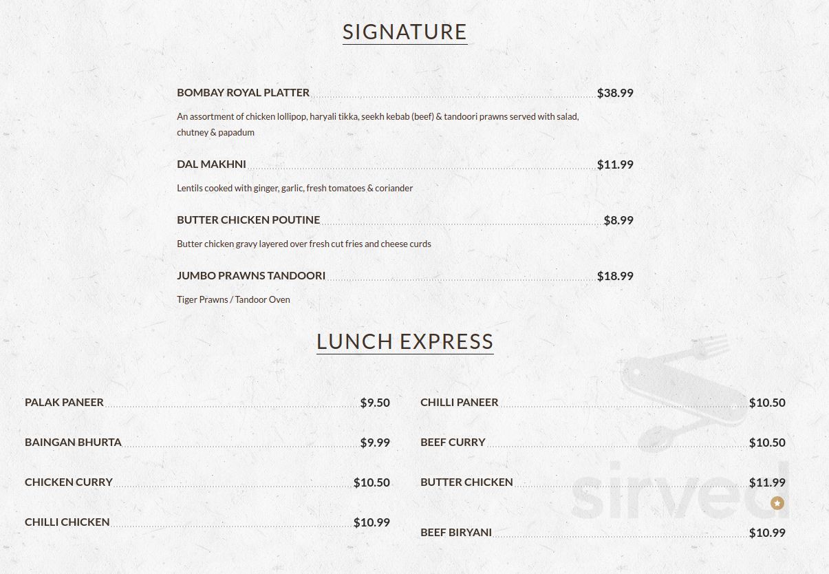 Menu - Burlington ON's Bombay's Chutney | Sirved