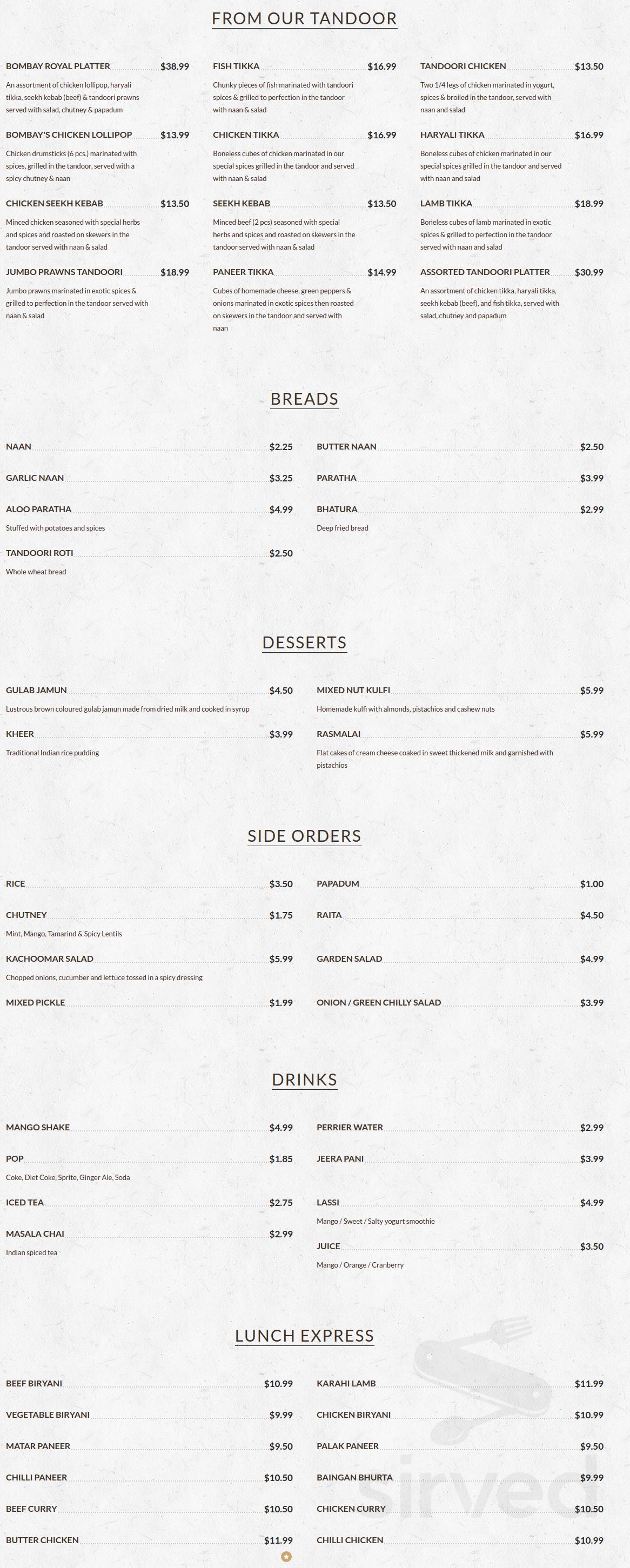 Menu - Burlington ON's Bombay's Chutney | Sirved
