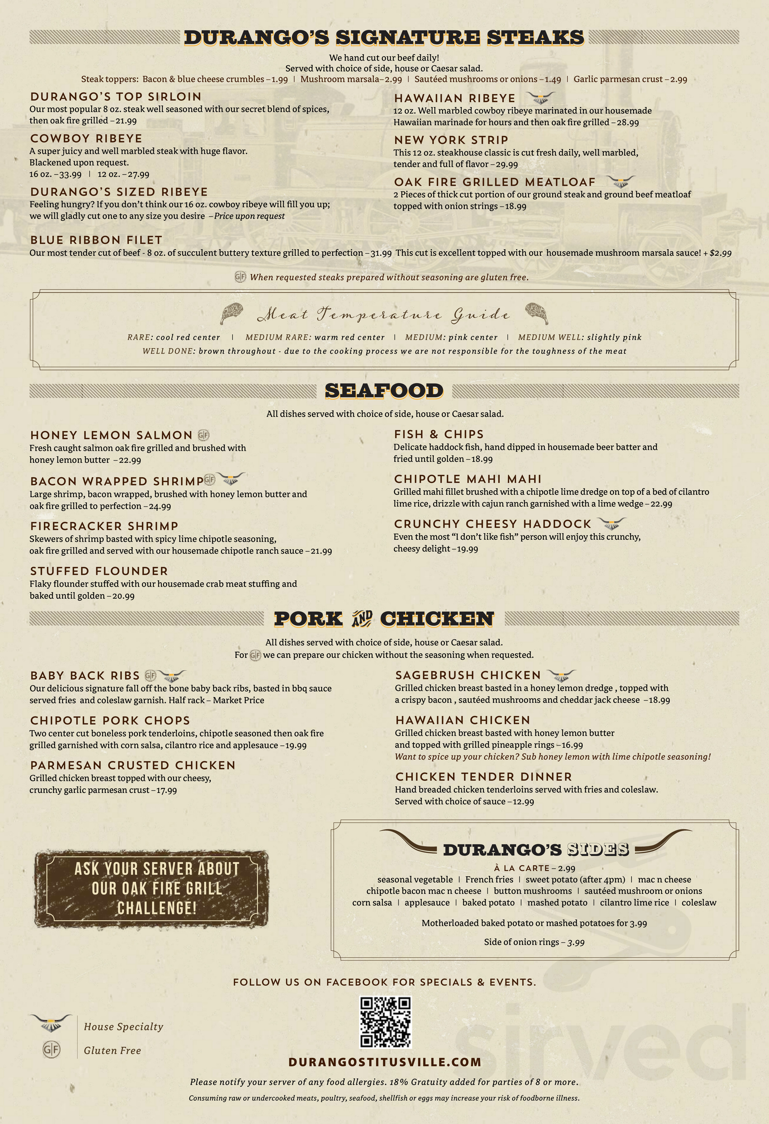 Menu - Titusville FL's Durango's Steakhouse Titusville | Sirved