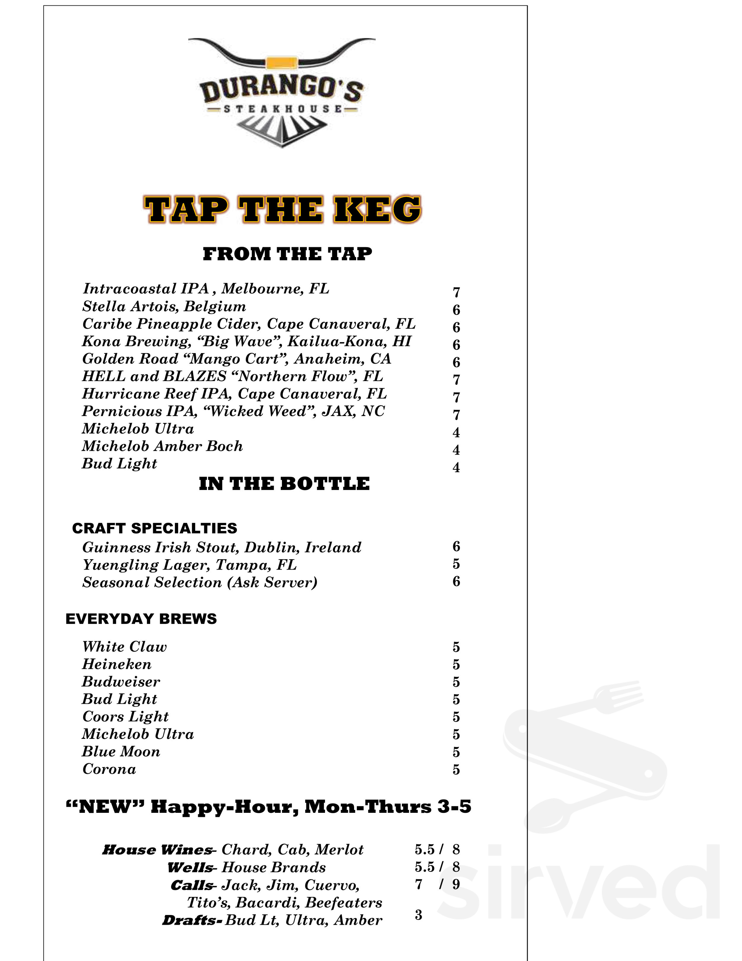 Menu - Titusville FL's Durango's Steakhouse Titusville | Sirved