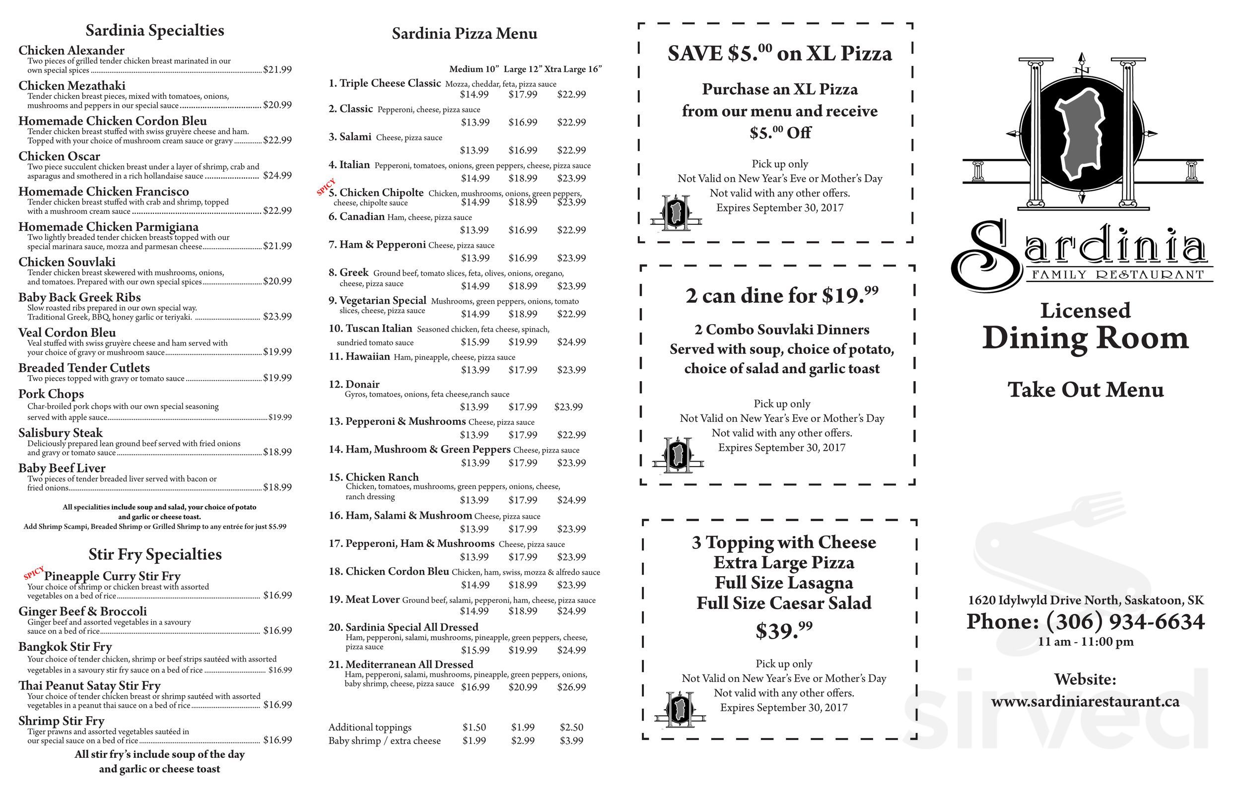 Sardinia Family Restaurant menu in Saskatoon, Saskatchewan, Canada