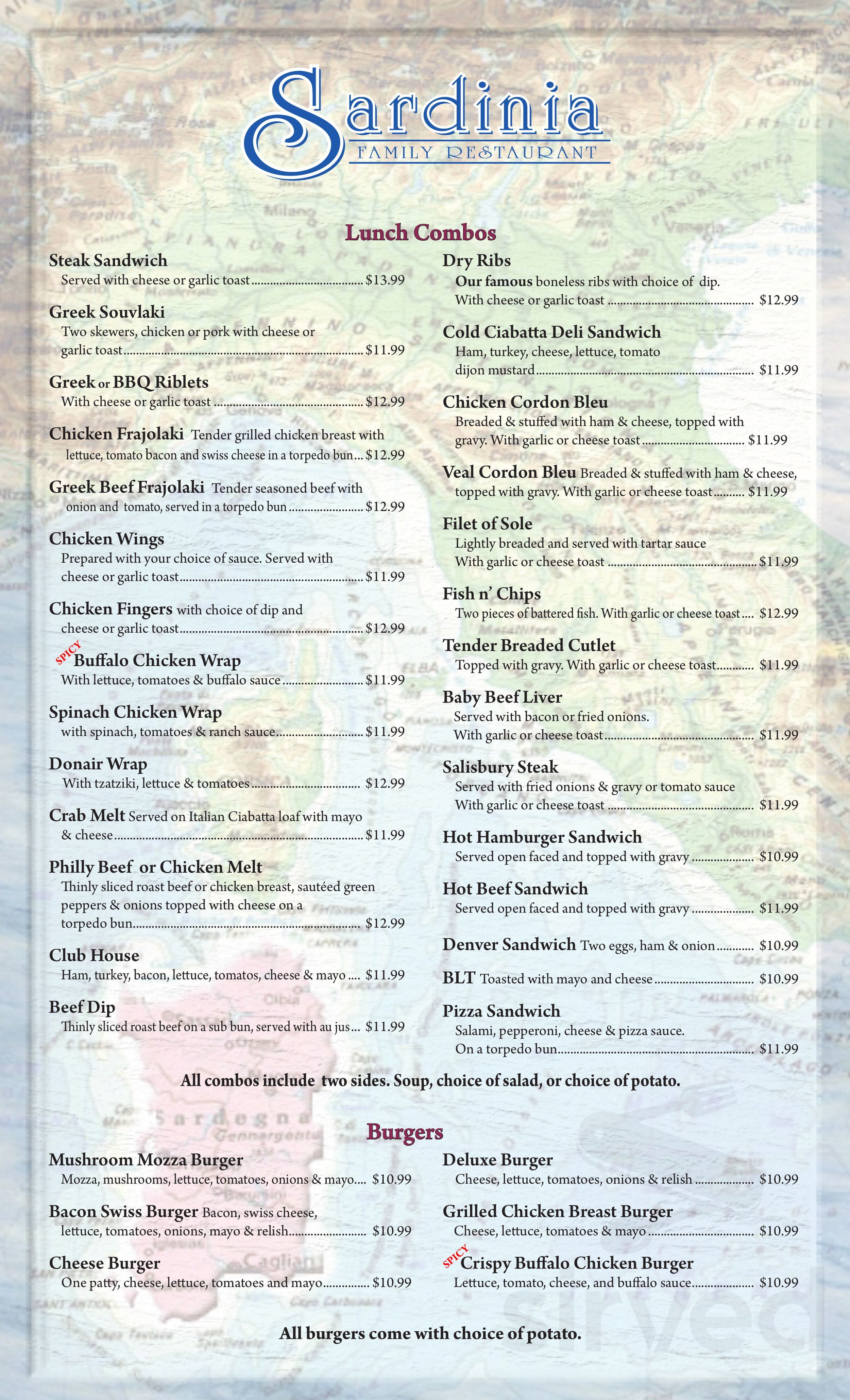 Sardinia Family Restaurant menu in Saskatoon, Saskatchewan, Canada