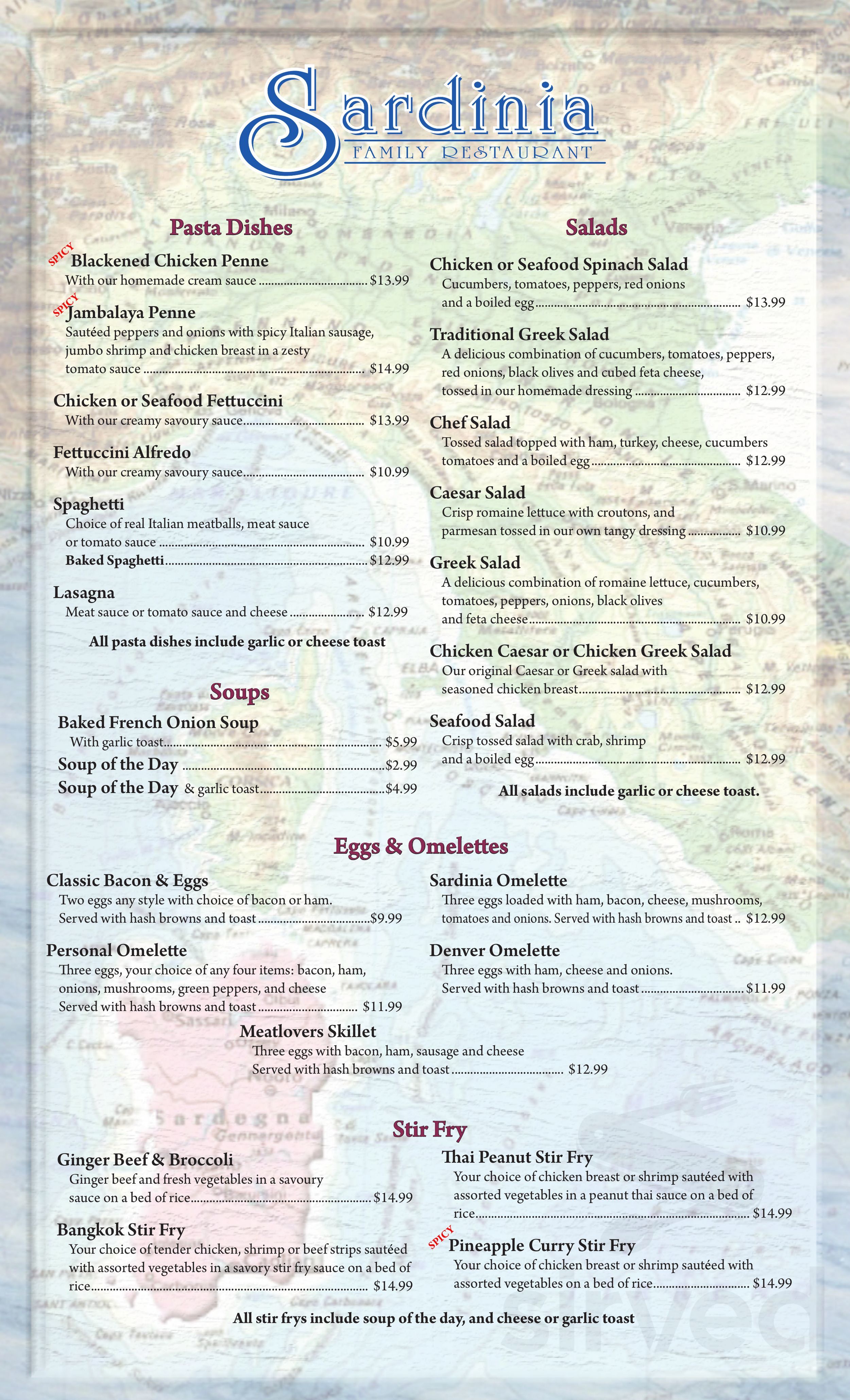 Sardinia Family Restaurant menu in Saskatoon, Saskatchewan, Canada