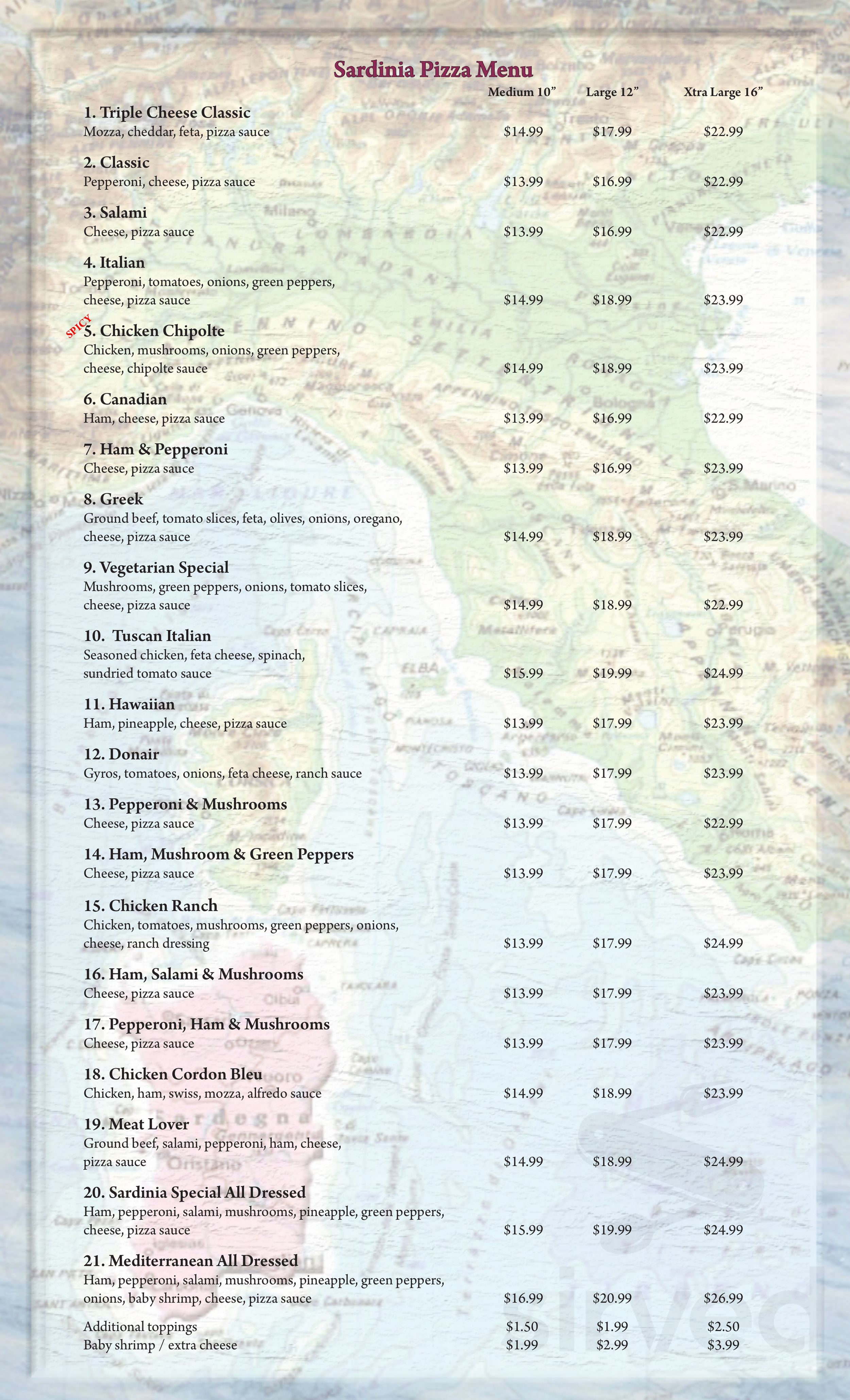 Sardinia Family Restaurant menu in Saskatoon, Saskatchewan, Canada