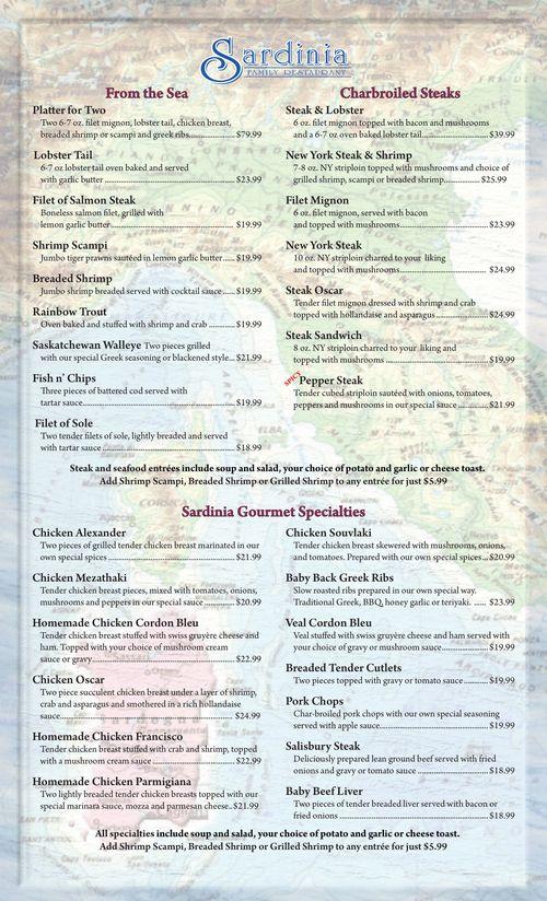 Sardinia Family Restaurant menu in Saskatoon, Saskatchewan, Canada