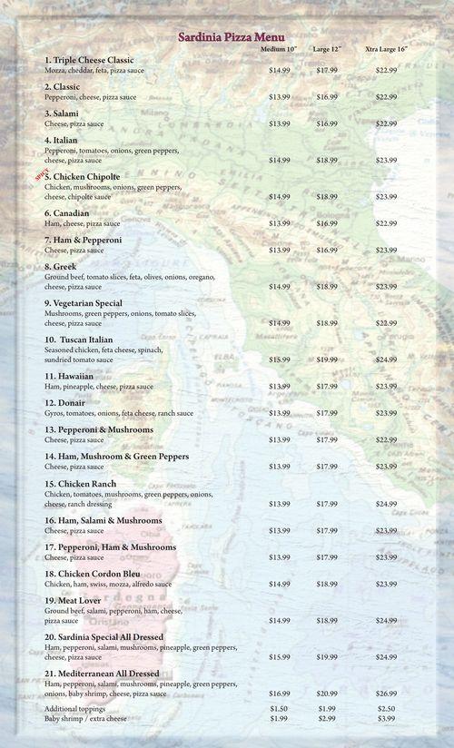 Sardinia Family Restaurant menu in Saskatoon, Saskatchewan, Canada