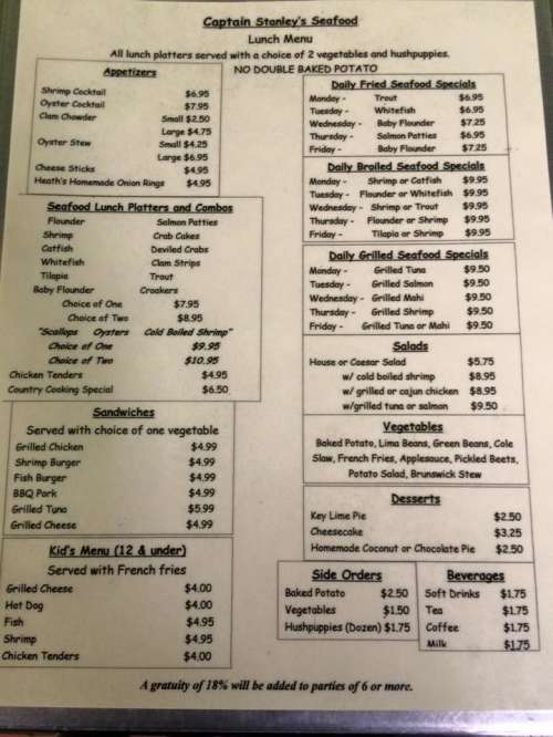 Captain Stanley's Seafood menu in Raleigh, North Carolina, USA