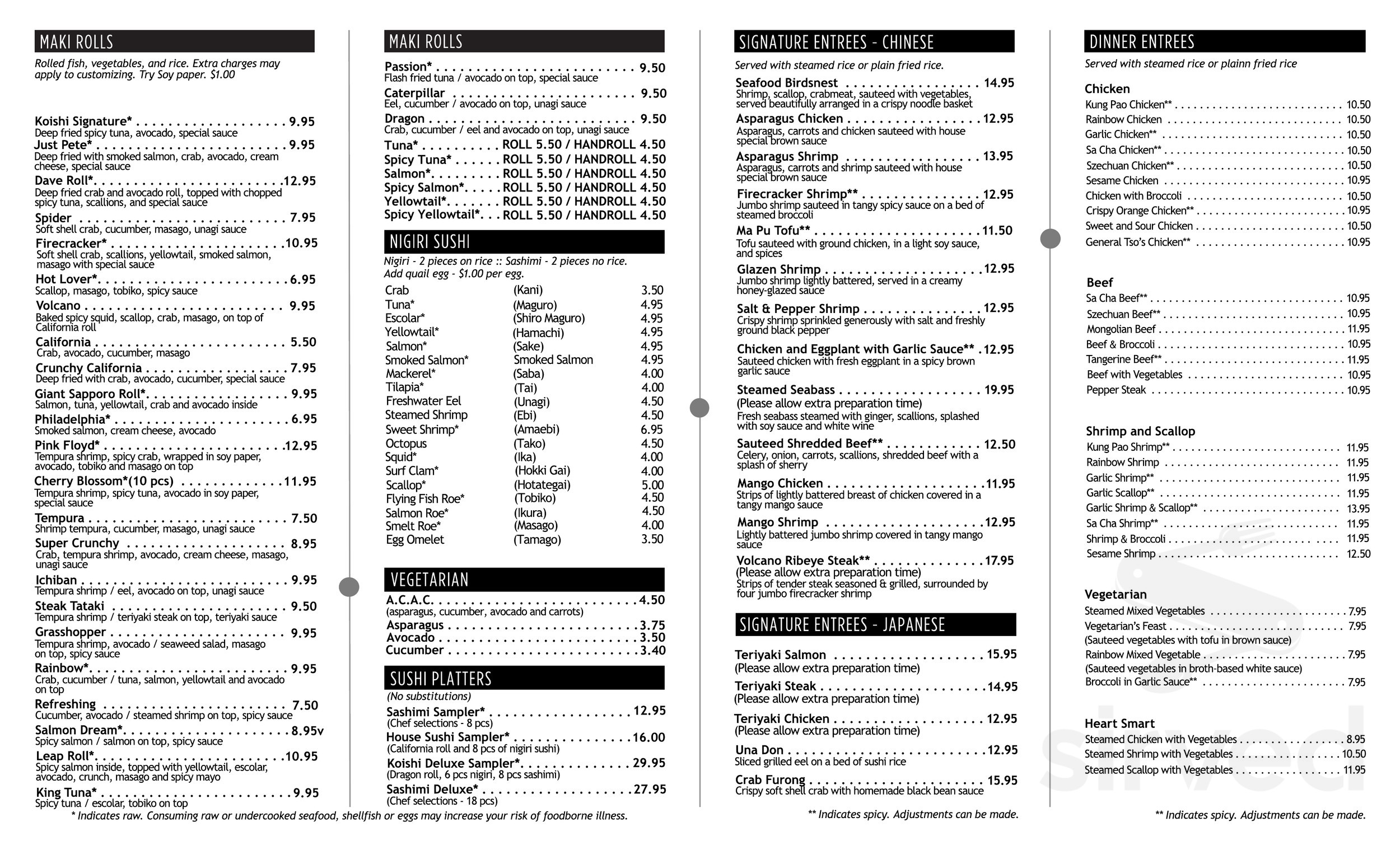 Koishi menu in Charlotte, North Carolina, USA