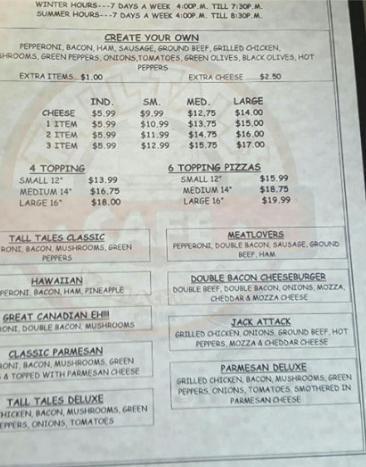Tall Tales Cafe menus in Wallacetown, Ontario, Canada