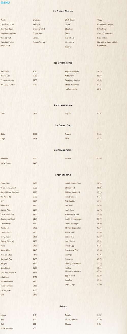 Tony's Ice Cream menu in Gastonia, North Carolina, USA