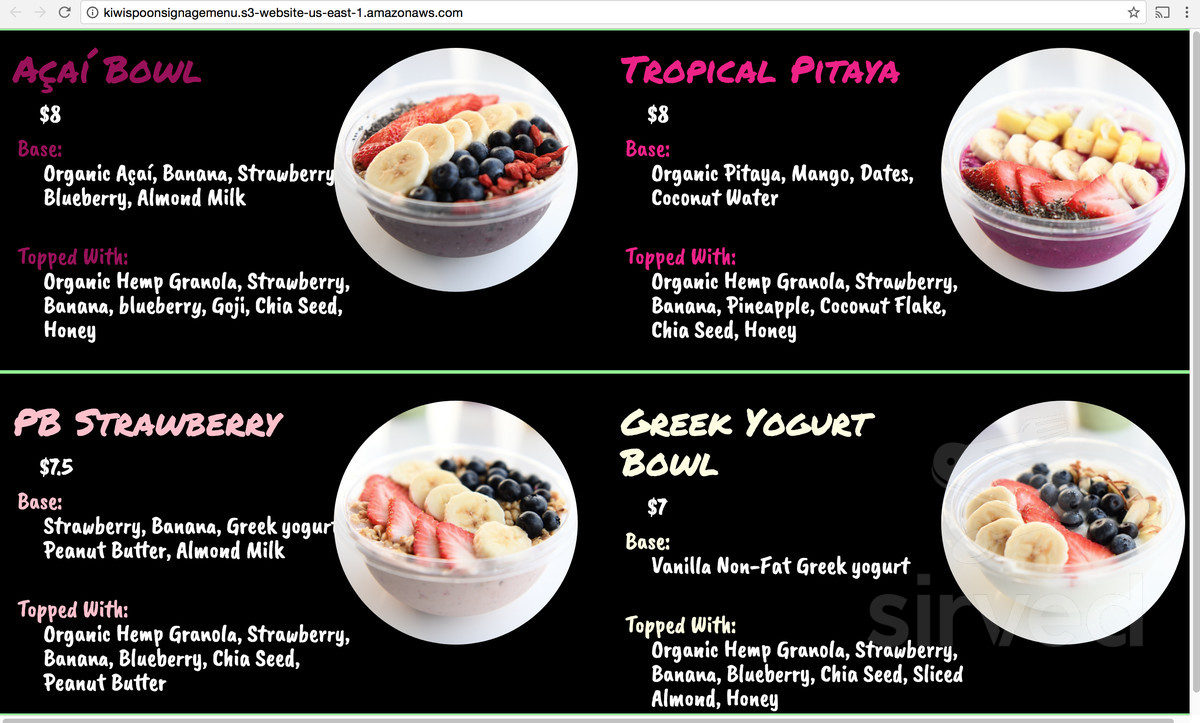 Kiwi Spoon menu in Rocky Hill, Connecticut, USA