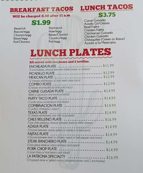 La patrona mexican restaurant menu in Palestine, Texas, USA