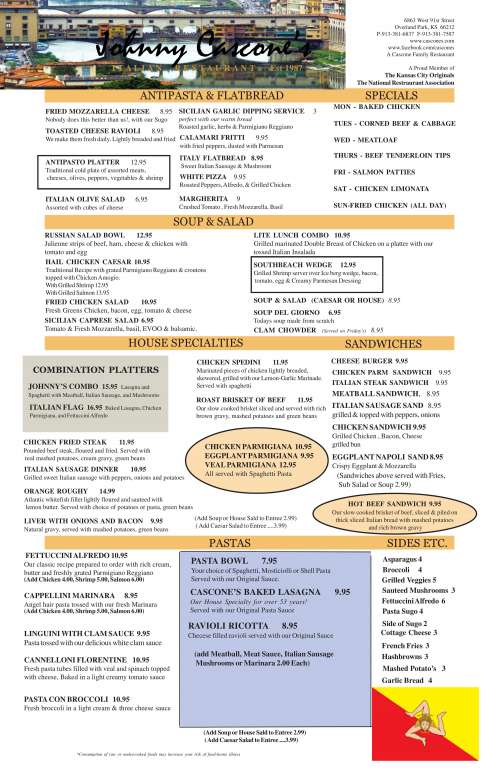 Johnny Cascone's Italian Restaurant menu in Overland Park, Kansas, USA